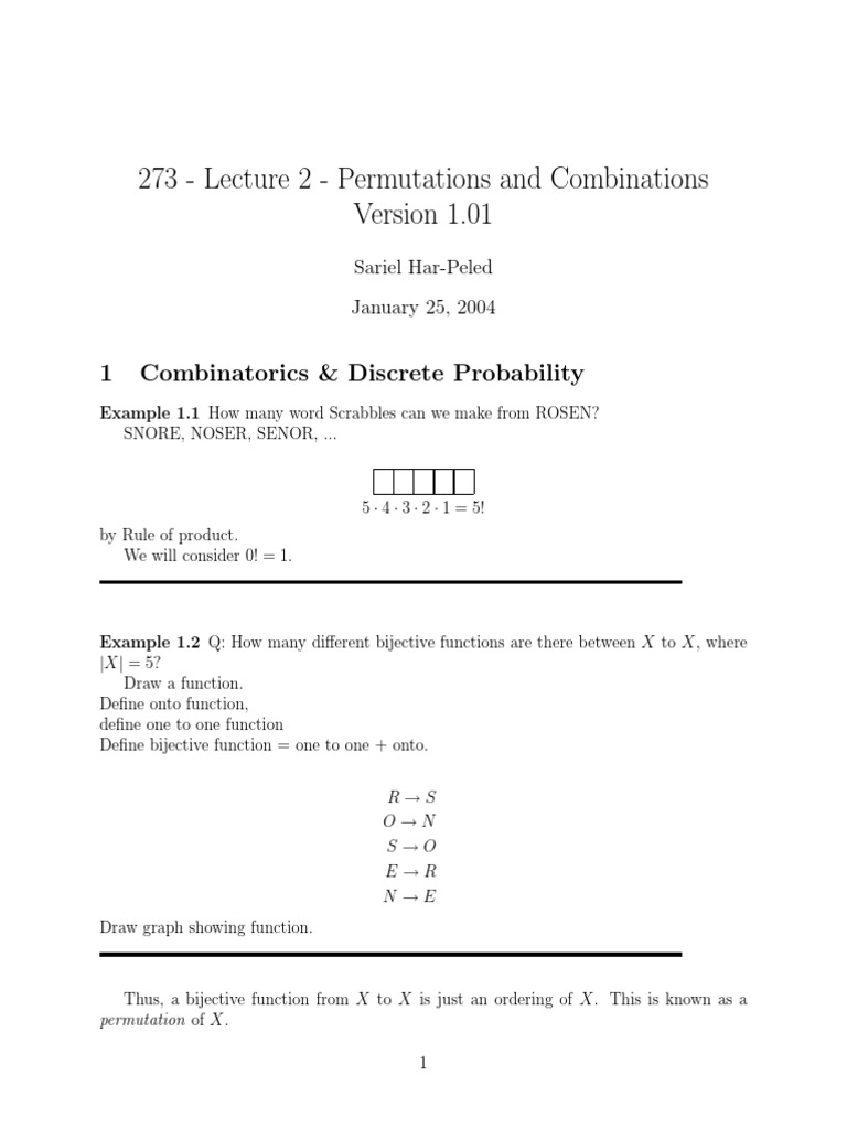 273 - Lecture 2 - Permutations and Combinations: 1 Combinatorics & Discrete Probability ...
