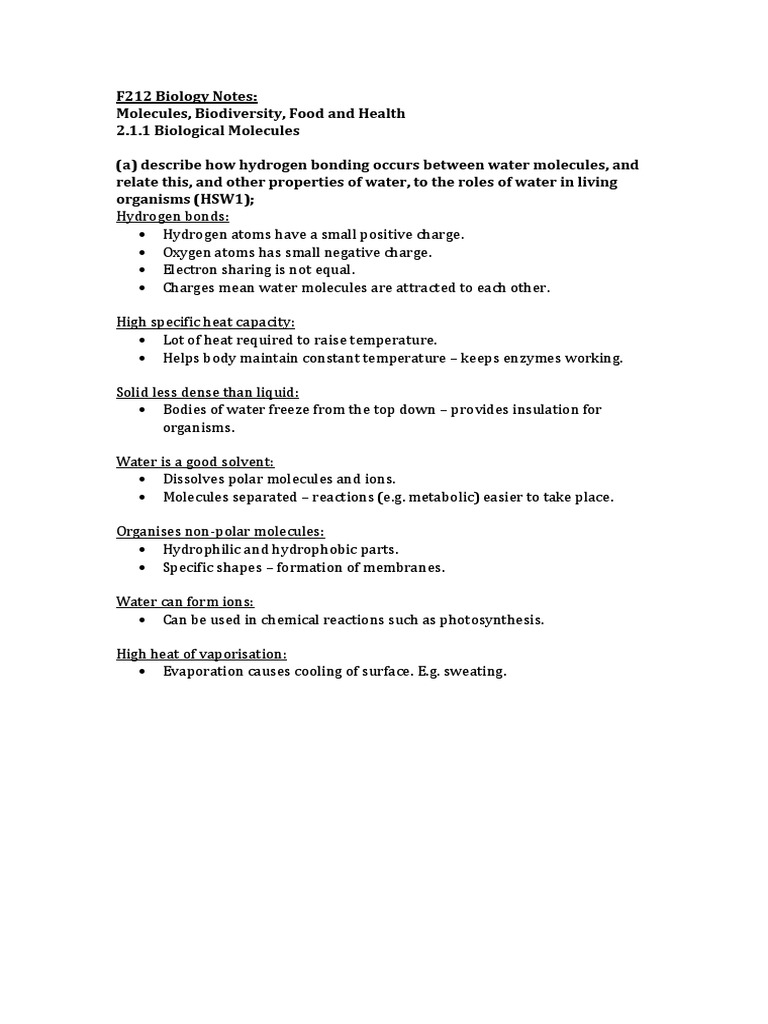 Biology Notes on Water's Role in Life | PDF | Properties Of Water | Ion