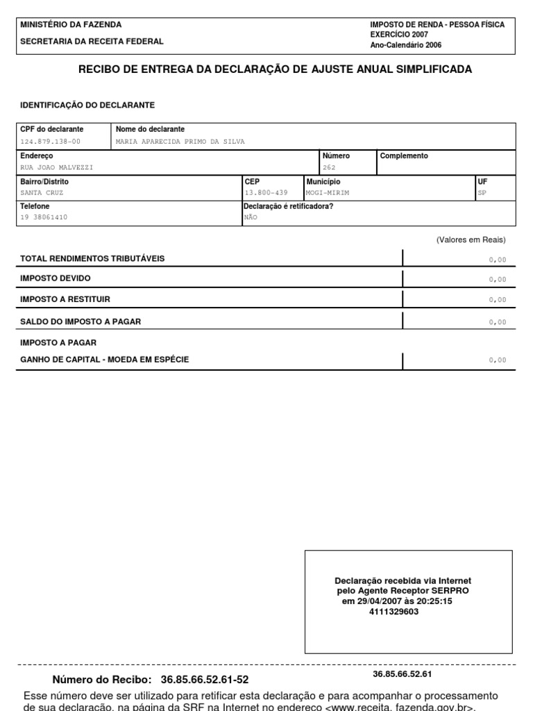 Recibo de Entrega da Declaração IRPF | PDF | Imposto de Renda ...