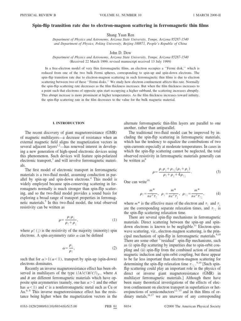 Spin-Flip Transition Rate Due To Electron-Magnon Scattering in ...
