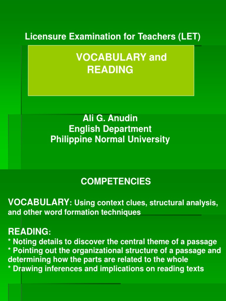 LET Vocabulary and Reading Skills Guide | PDF | Rhyme | Reading (Process)