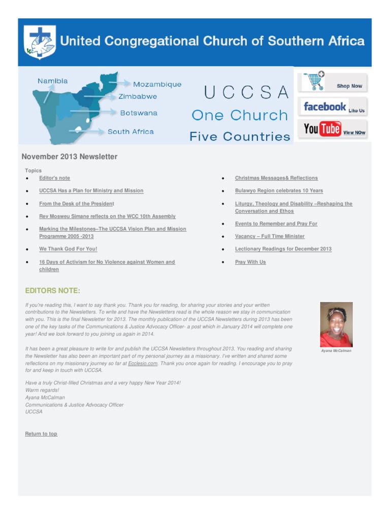 UCCSA 2013 Newsletter Highlights | PDF | Synod | Strategic Management