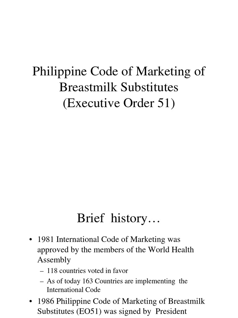 EO 51: Philippine Milk Code Overview | PDF | Breast Milk | Infant Formula