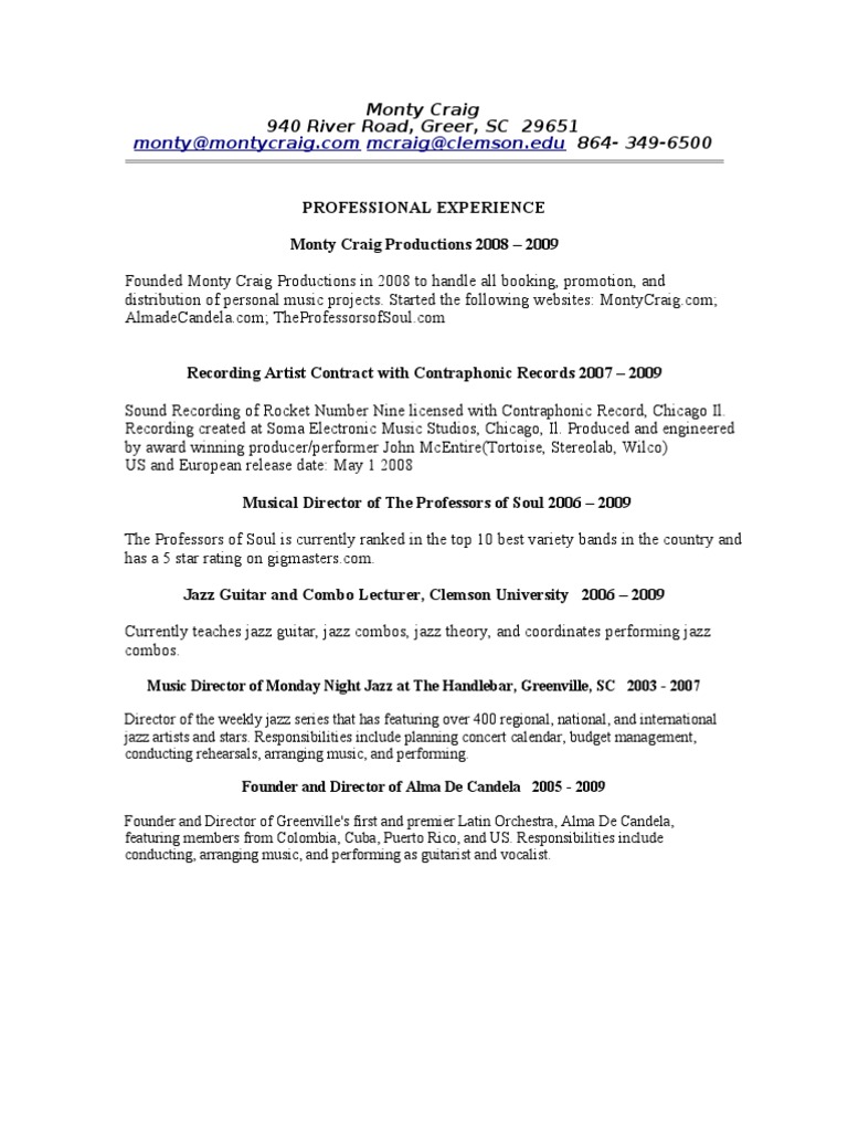 Monty Craig Resume | PDF | Jazz | Popular Music
