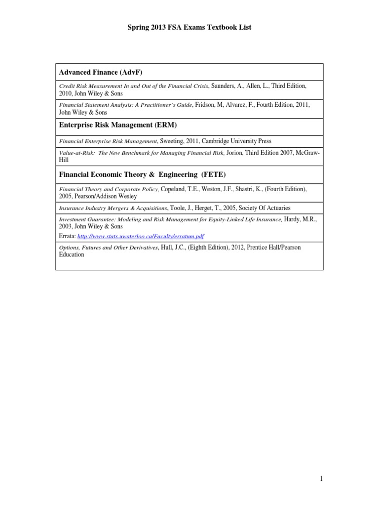 Spring 2013 FSA Exams Textbook List: 2010, John Wiley & Sons | PDF ...