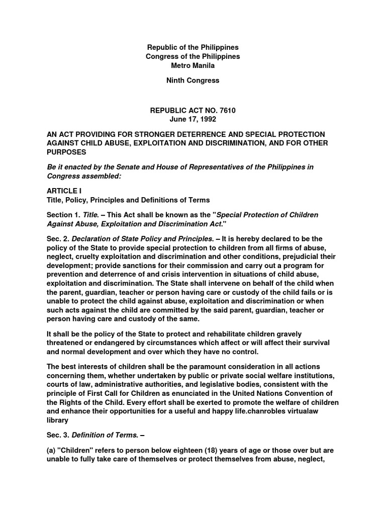 Republic Act No. 7610: An Act Providing for Stronger Deterrence and ...