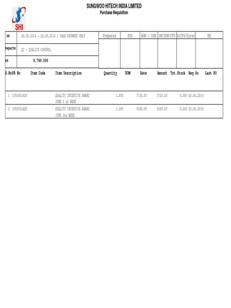 Quality Incentive Award Purchase Requisition | PDF