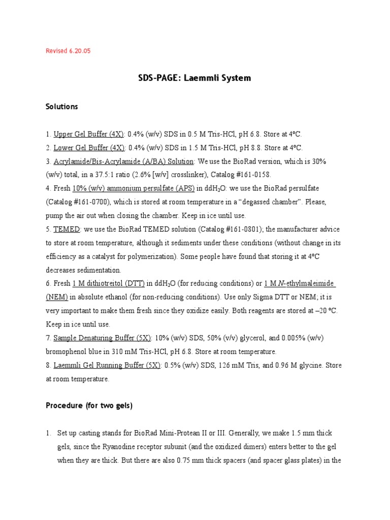 Laemmli SDS-PAGE Protocol and Buffers | PDF