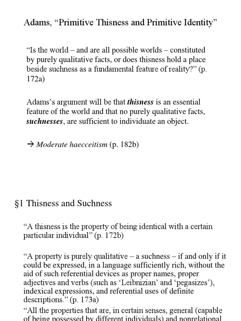 Adams, "Primitive Thisness and Primitive Identity": Suchnesses, Are ...