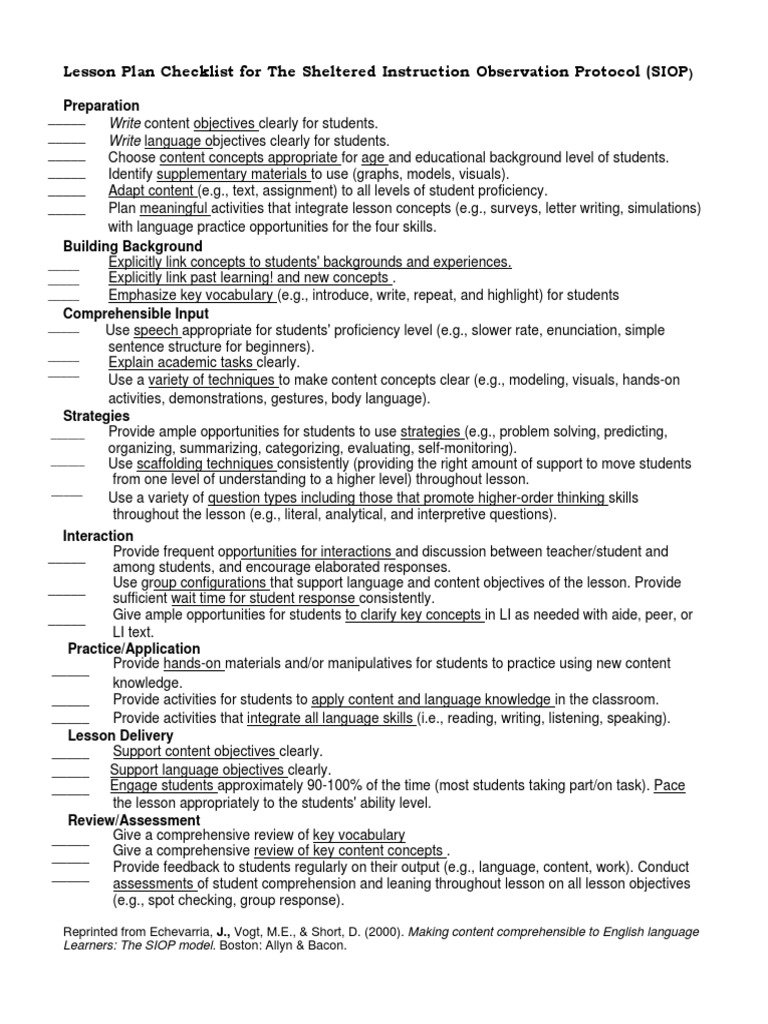 SIOP Lesson Plan Checklist Guide | PDF | Neuropsychology | Learning