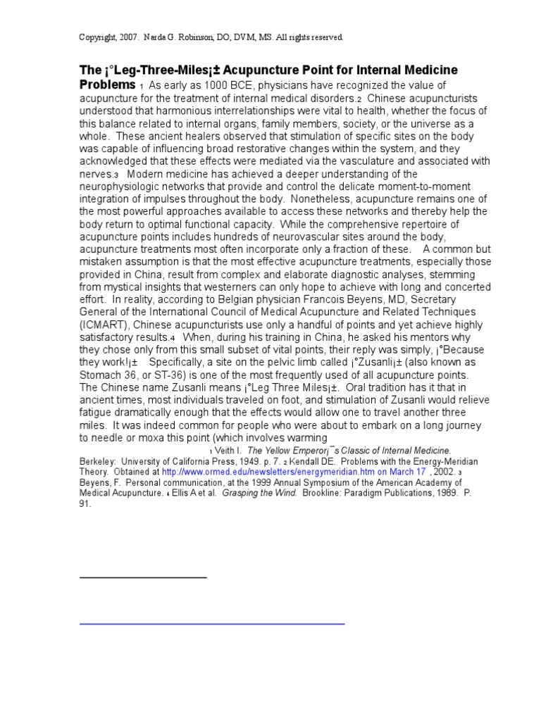 The Leg Three Miles Acupuncture Point | PDF | Acupuncture | Medical ...