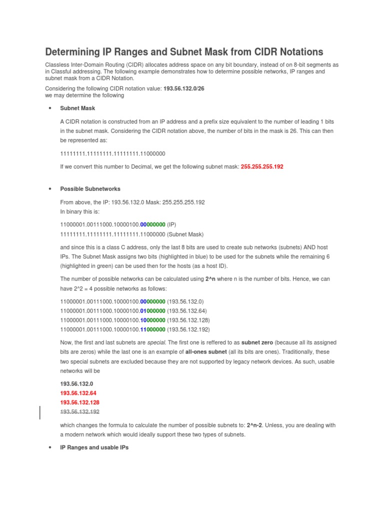 Determining IP Ranges and Subnet Mask From CIDR Notations | PDF | Ip ...