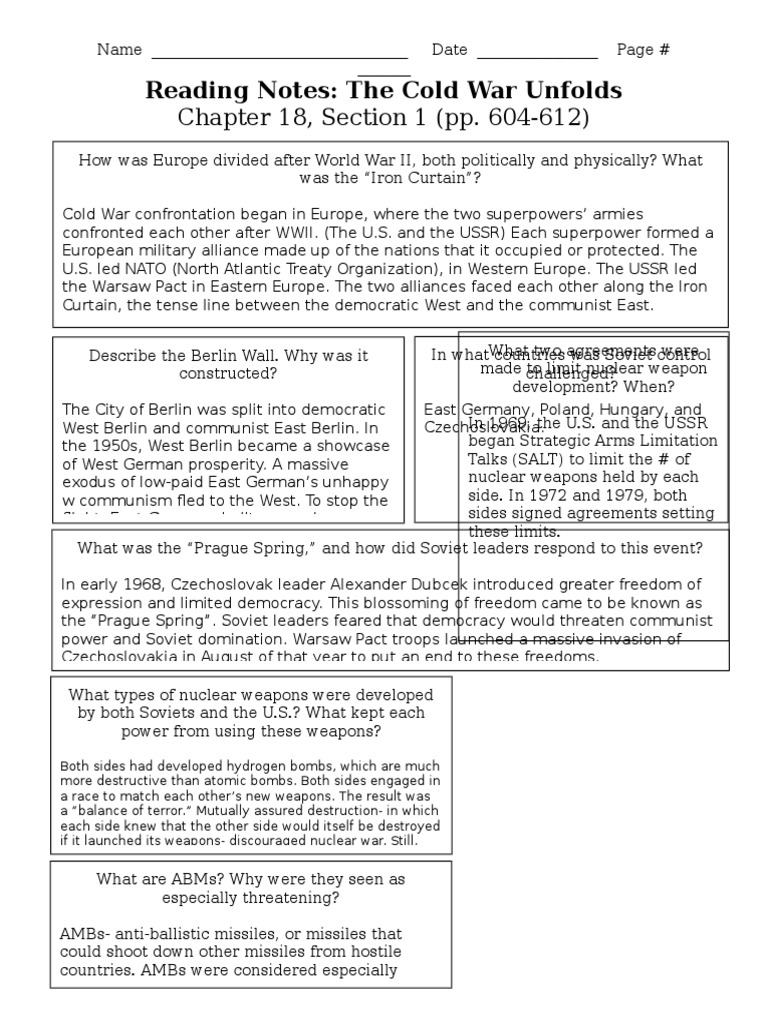 Chapter 18, Section 1 (Pp. 604-612) : Reading Notes: The Cold War ...