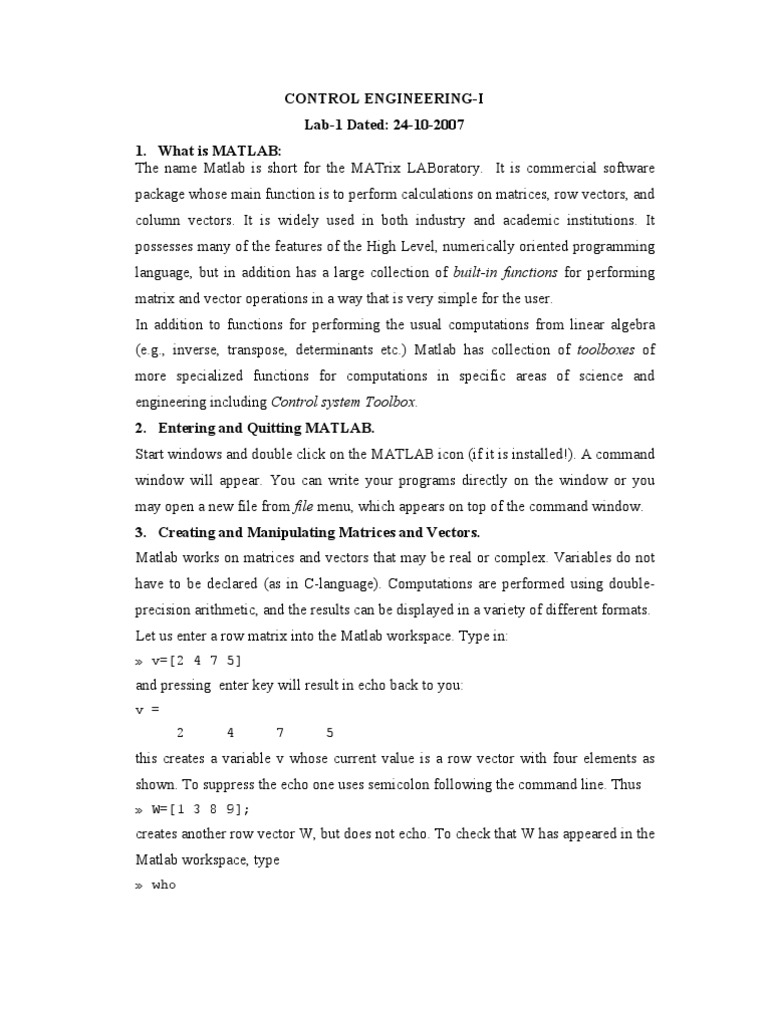 MATLAB Basics for Control Engineering | PDF | Matlab | Matrix (Mathematics)