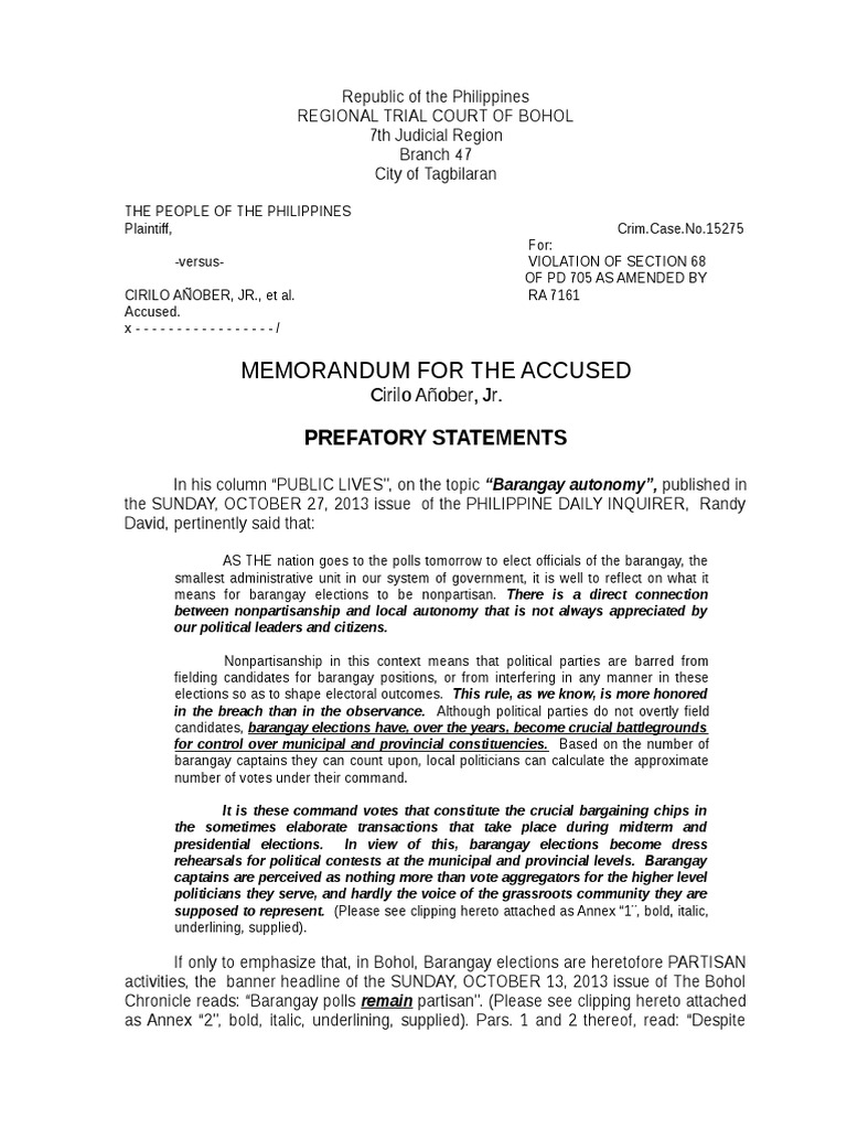 Memorandum For The Accused: Prefatory Statements | PDF