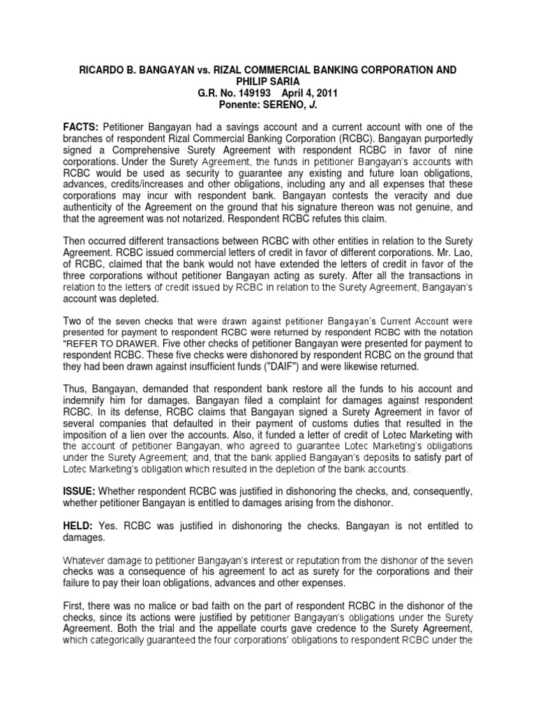 Bangayan vs. RCBC Digest | PDF | Guarantee | Cheque