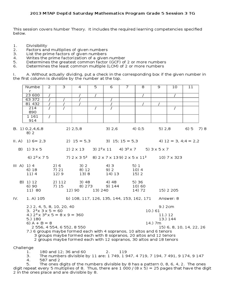 2013 MTAP DepEd Saturday Mathematics Program Grade 5 Session 3 TG | PDF ...