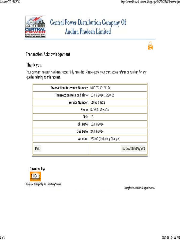 APCPDCL Payment Acknowledgement 2014 | PDF