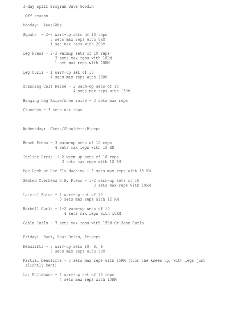 Dave Goodin's 3-Day Split Bodybuilding Program for Off-Season and Pre ...