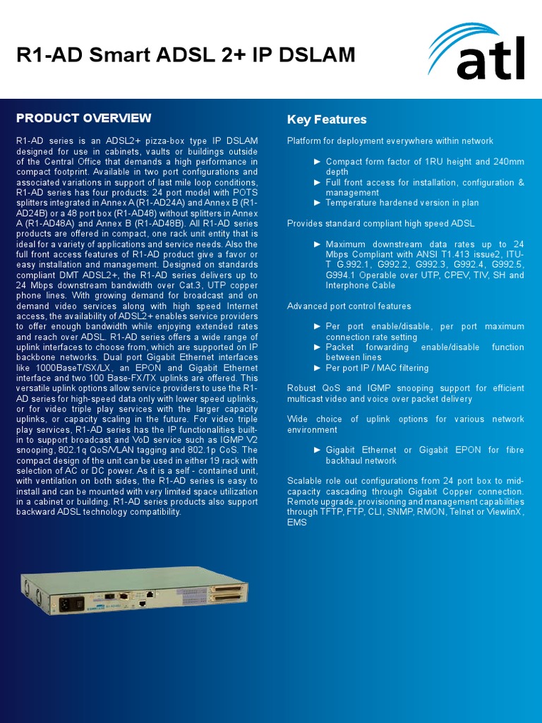 R1-Ad Smart Adsl 2+ Ip Dslam: Key Features Product Overview | PDF ...