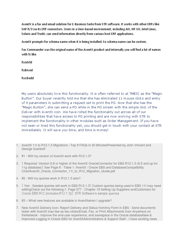 Aventx Is A Fax And Email Solution For Ebs Pdf Oracle Database Portable Document Format