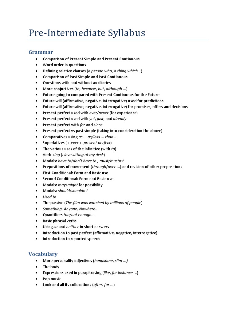 Pre Intermediate Syllabus | PDF | English Language | Adjective