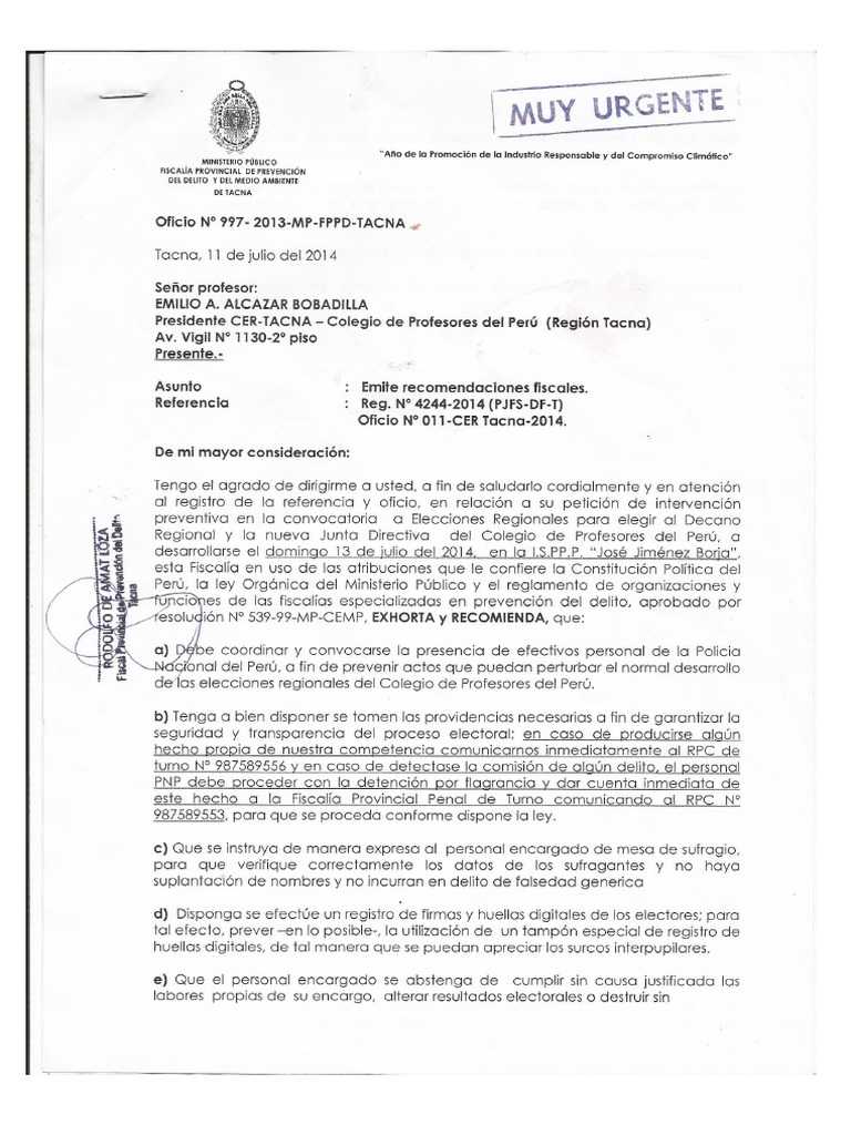 Oficio Fiscalia Prevención Del Delito Tacna. Elecciones Colegio de ...