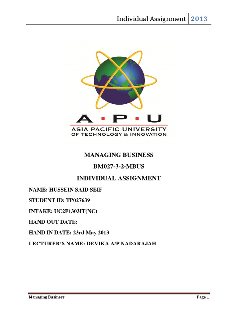 Managing Business Individual Assignment APU | PDF | Six Sigma | Quality ...