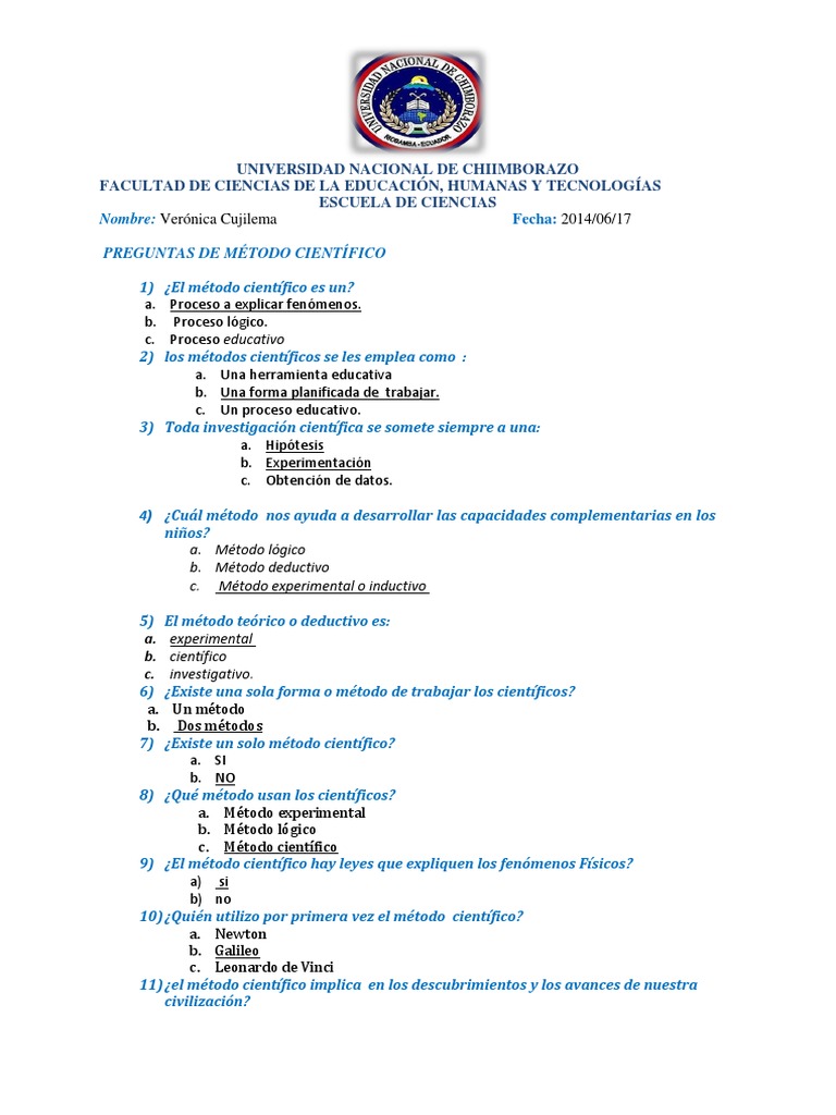 Respuestas De La Hoja De Trabajo Del Método Científico Método
