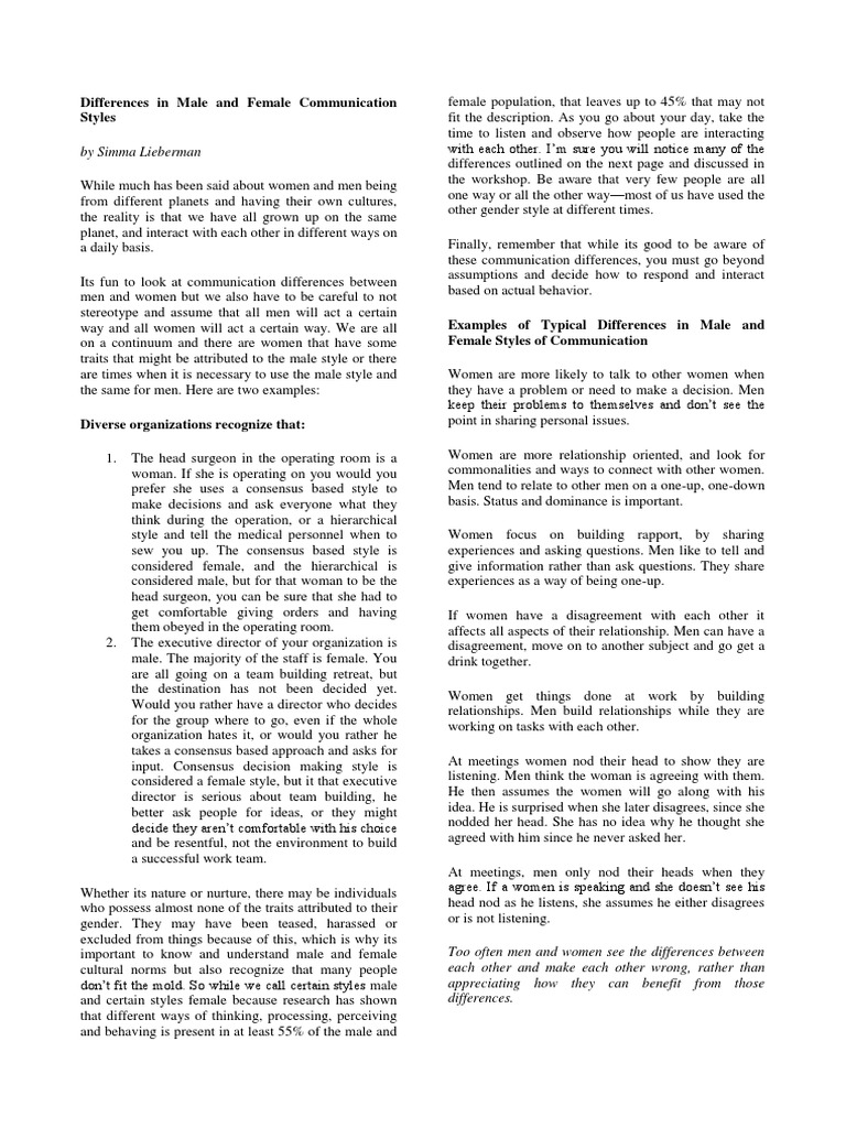 Differences In Male And Female Communication Styles Nature Versus Nurture Gender 