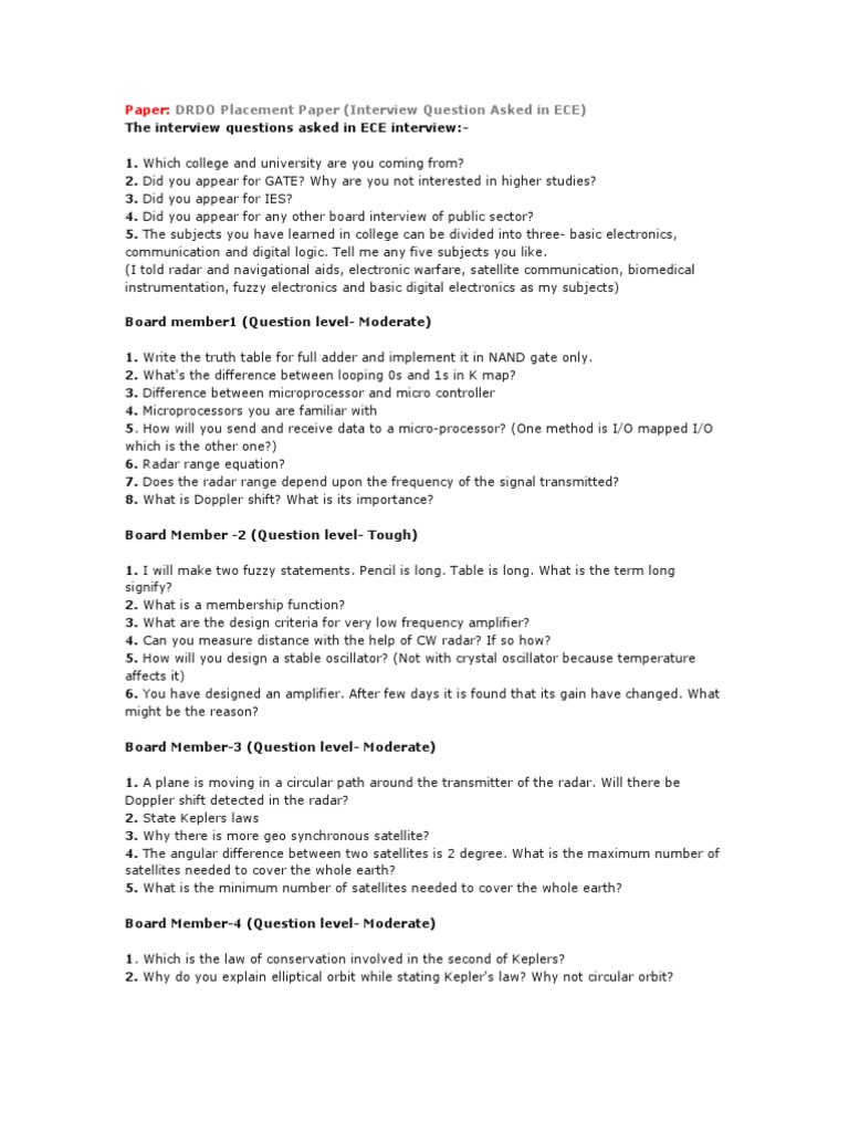 Paper: DRDO Placement Paper (Interview Question Asked in ECE) The | PDF ...