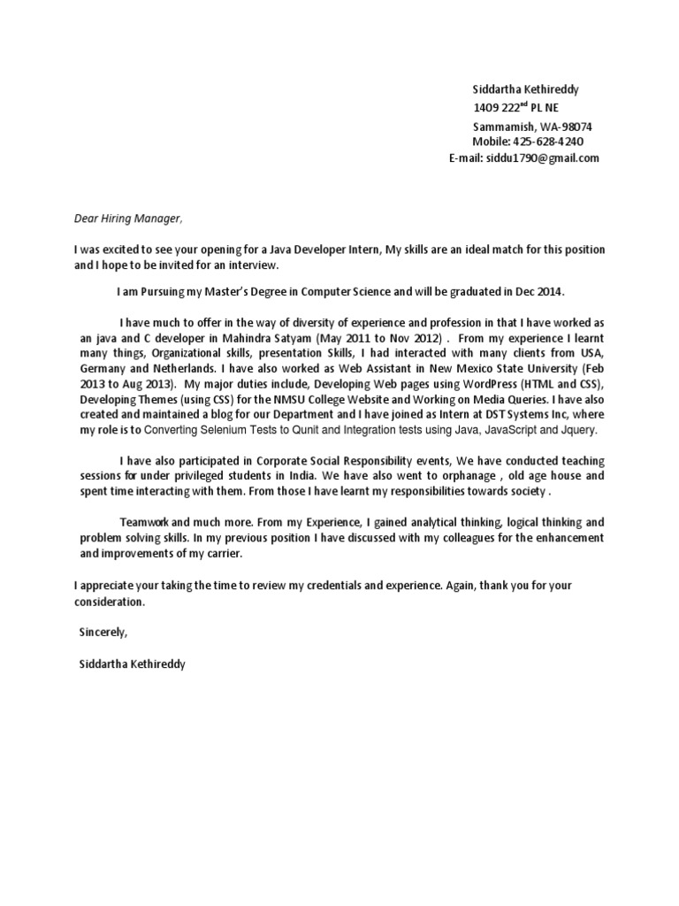 Siddartha Kethireddy - Cover Letter | PDF