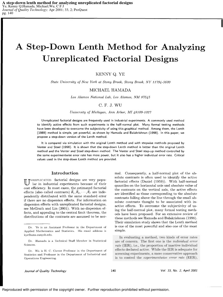 Journal of Quality Technology Apr 2001 33, 2 Proquest | PDF