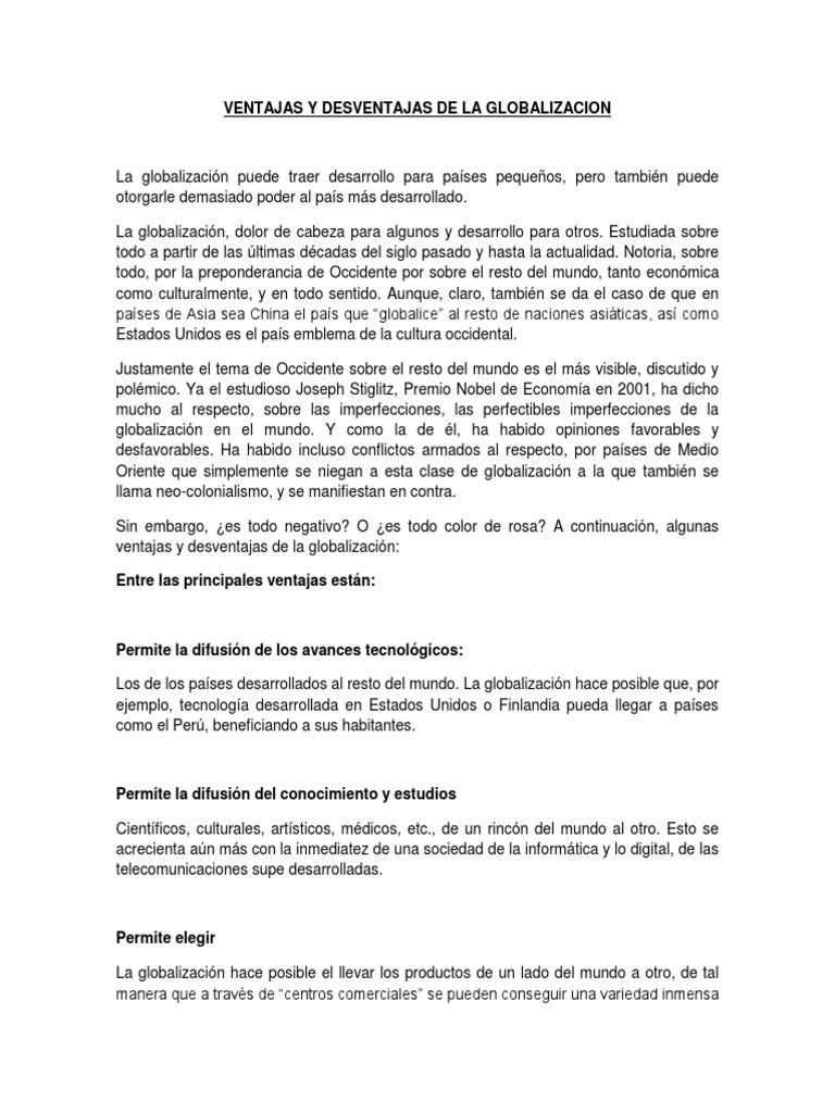 Ventajas y Desventajas de La Globalizacion | PDF | Mundo occidental | Globalización