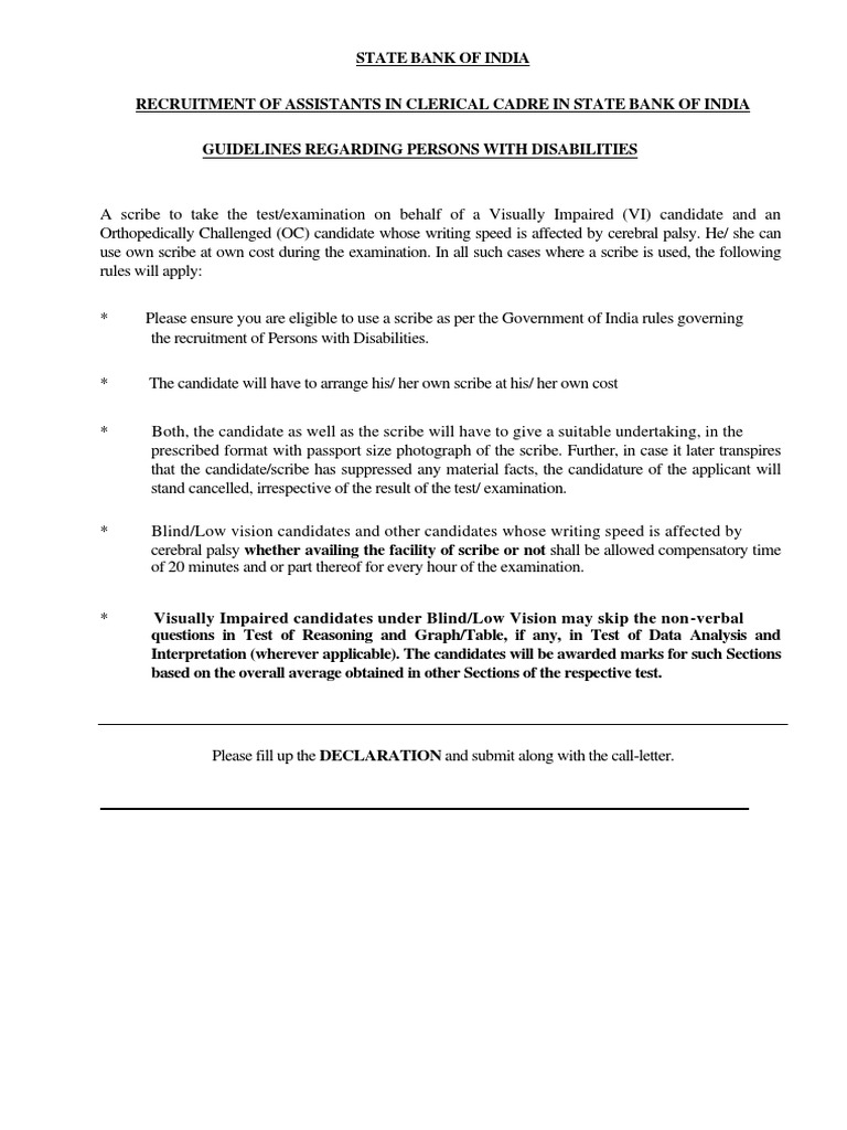 Scribe Declaration Guidelines for SBI Exam | PDF | Visual Impairment ...