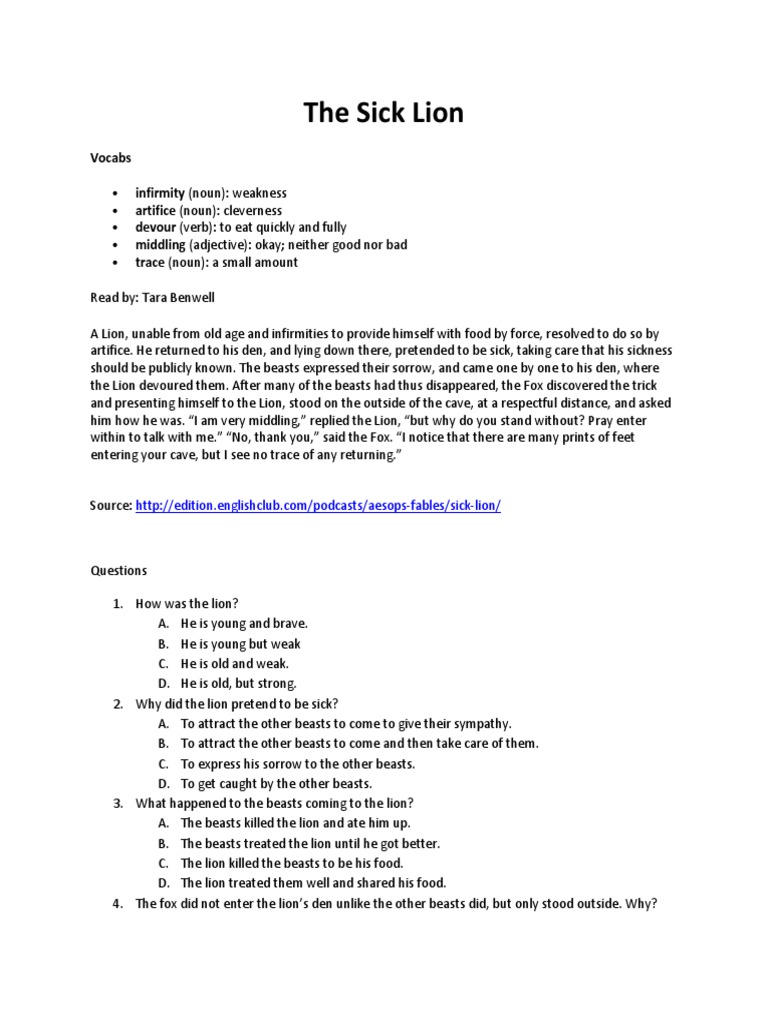 The Sick Lion | PDF | Lion