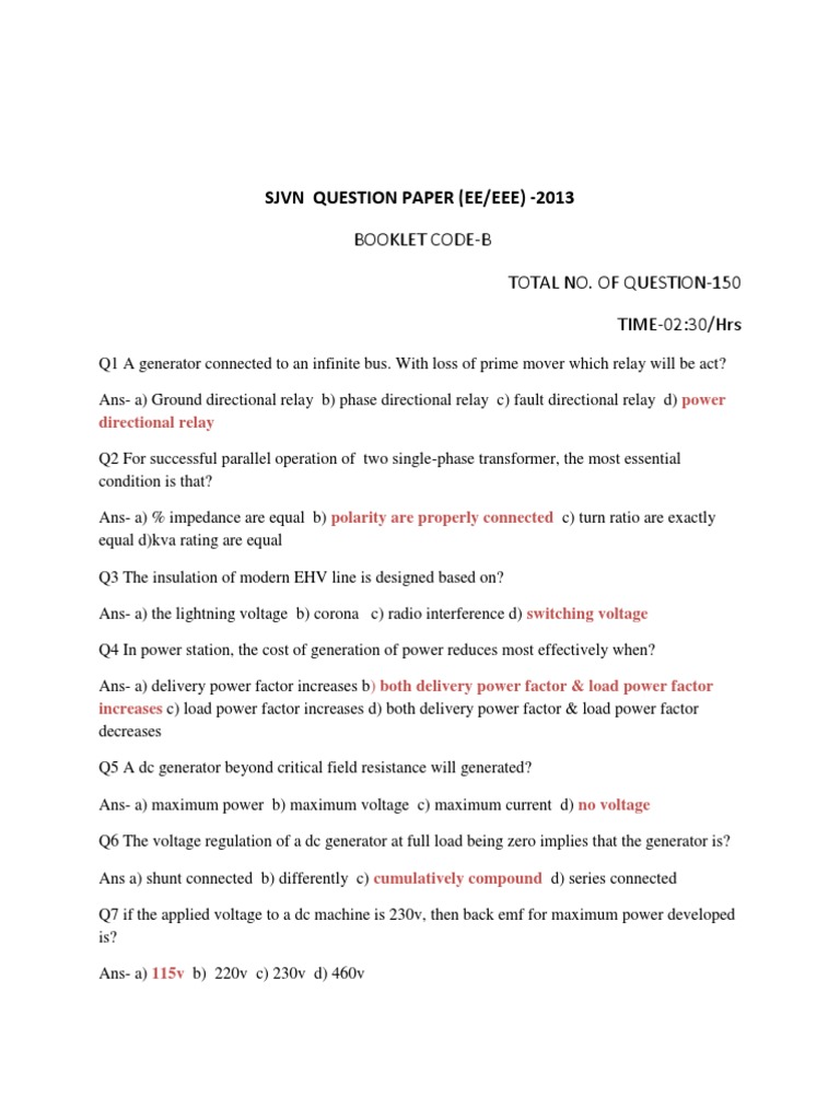 SJVN Question Paper With Answer-2013 For Eee | PDF | Transformer | Control Theory