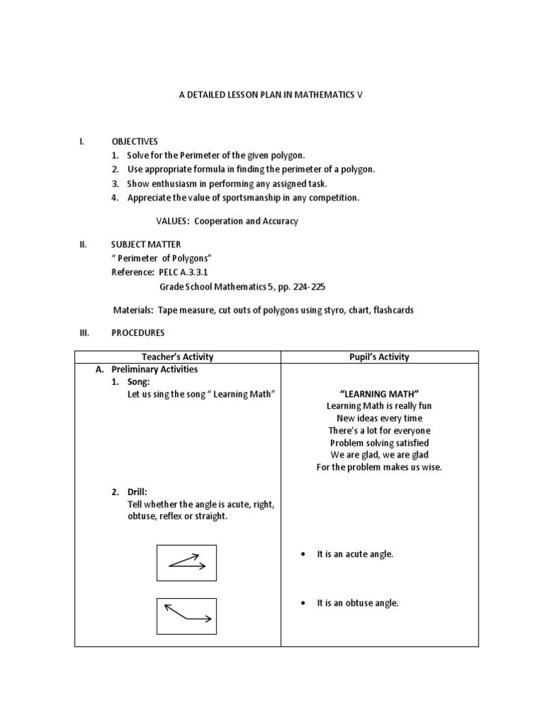 A Detailed Lesson Plan in Mathematics V | PDF | Polygon | Lesson Plan