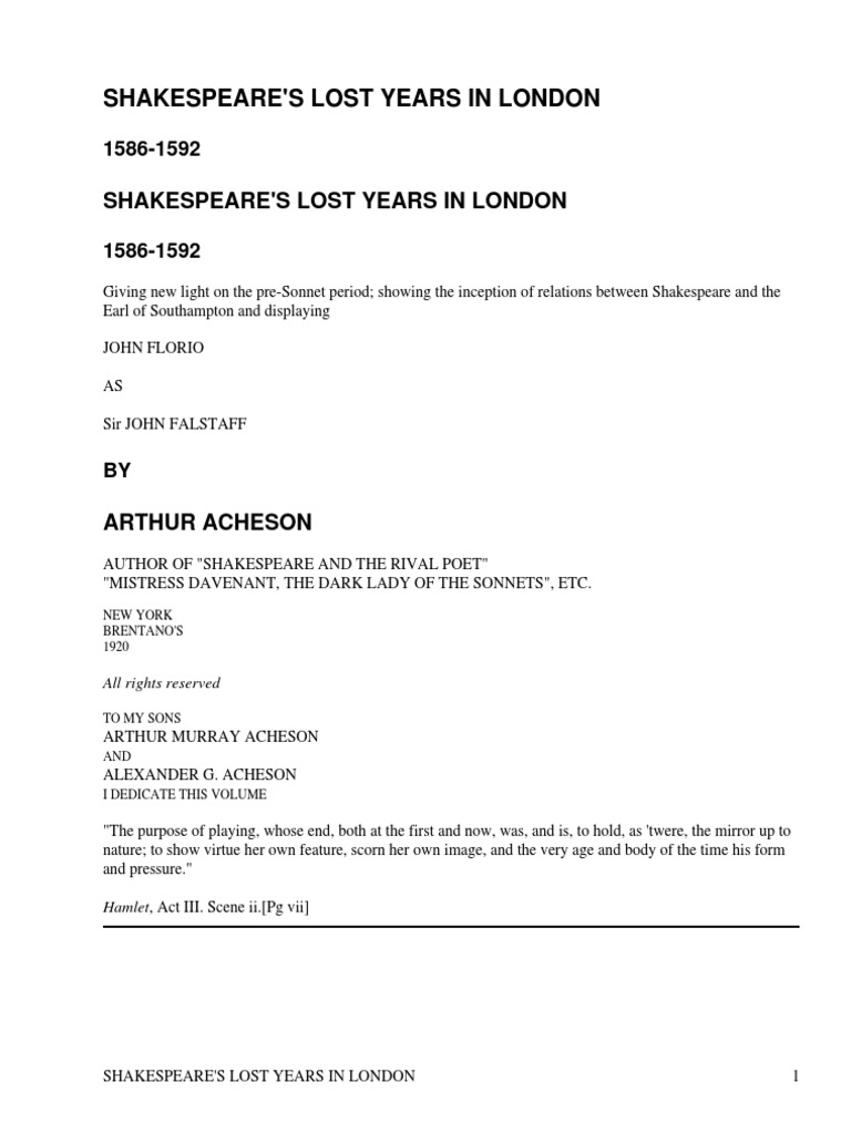 Shakespeare's Lost Years in London, 1586-1592 by Acheson, Arthur, 1864 ...