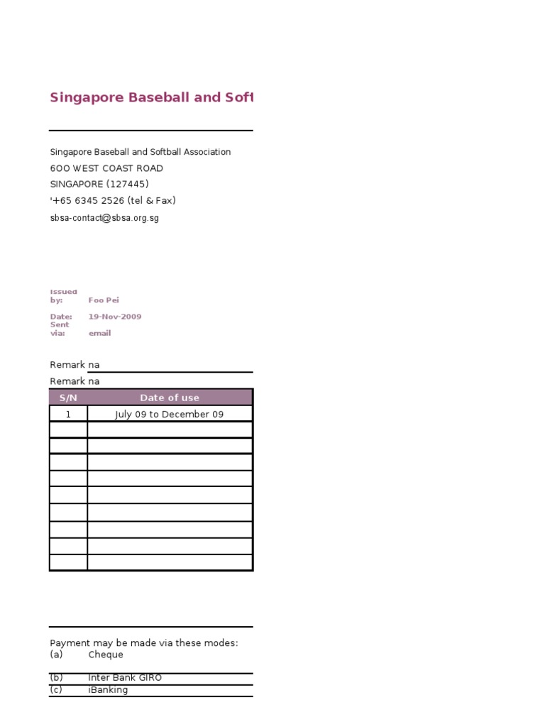 Singapore Baseball Softball Invoices | PDF | Invoice | Cheque