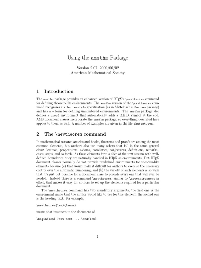 Using The Amsthm Package: Version 2.07, 2000/06/02 American ...