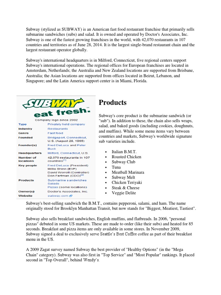 Subway | PDF | Fast Food Restaurants | Food And Drink