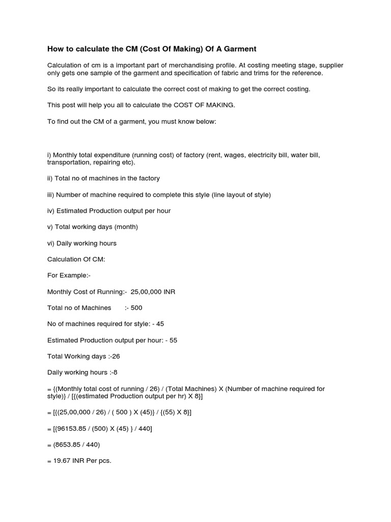 How To Calculate The CM (Cost of Making) of A Garment | PDF