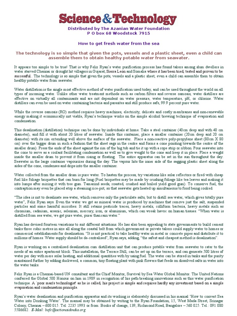 Simple Sea Water Distillation Guide | PDF | Desalination | Water ...