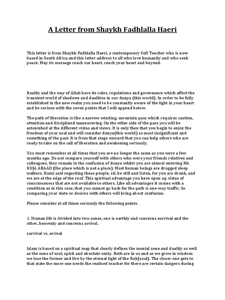 A Letter From Shaykh Fadhlalla Haeri | PDF | Soul | Afterlife