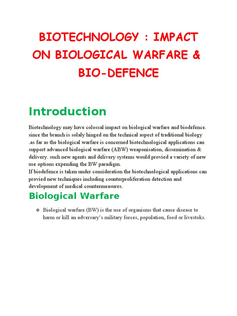 Biotechnology: Impact On Biological Warfare & Bio-Defence Introduction ...