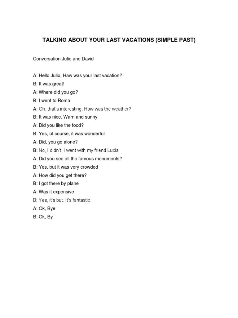Talking About Your Last Vacations - Simple Past | PDF