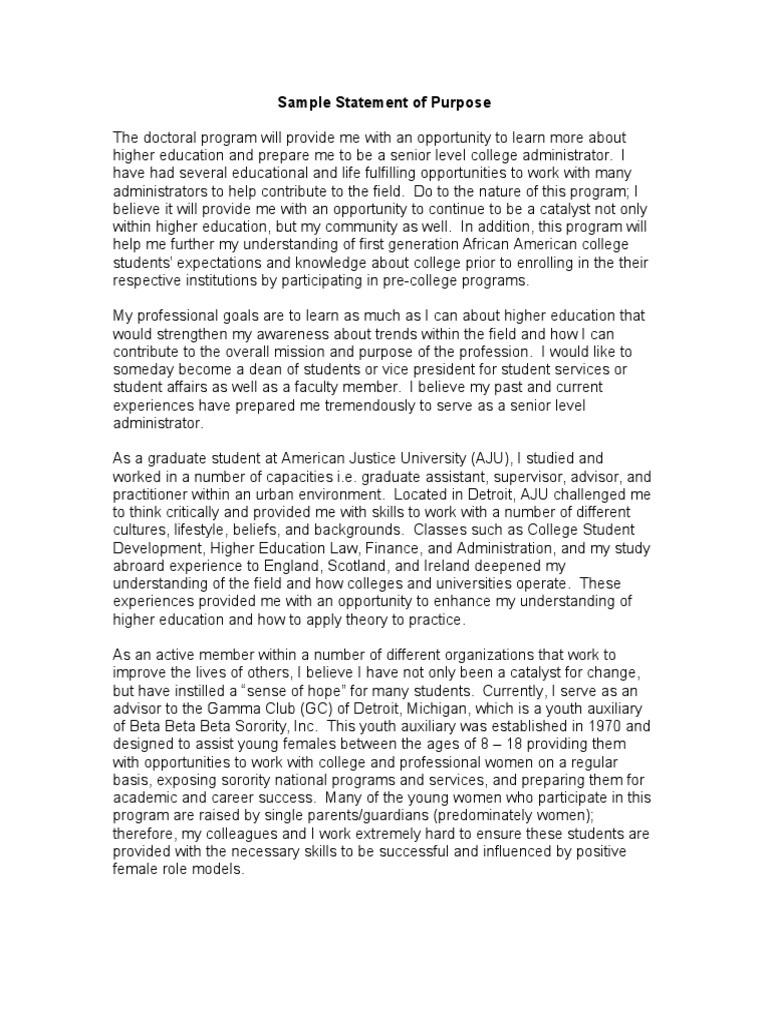 Sample Statement of Purpose | PDF | Students | Student Affairs