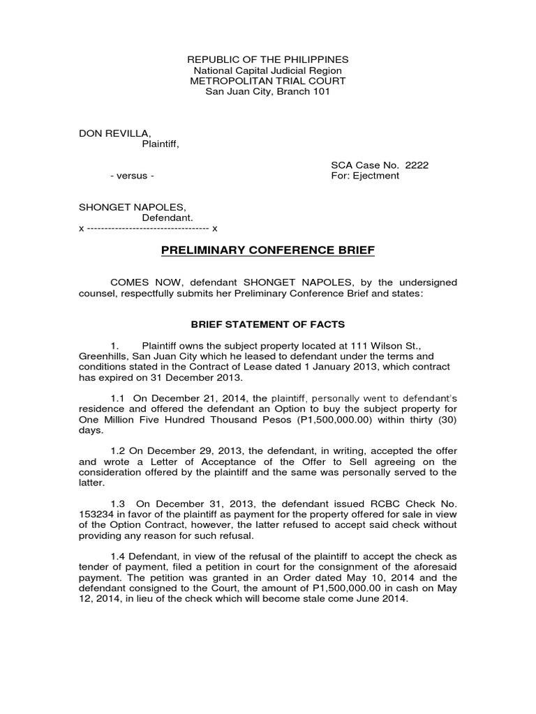 Preliminary Conference Brief Shonget | PDF | Cheque | Lease