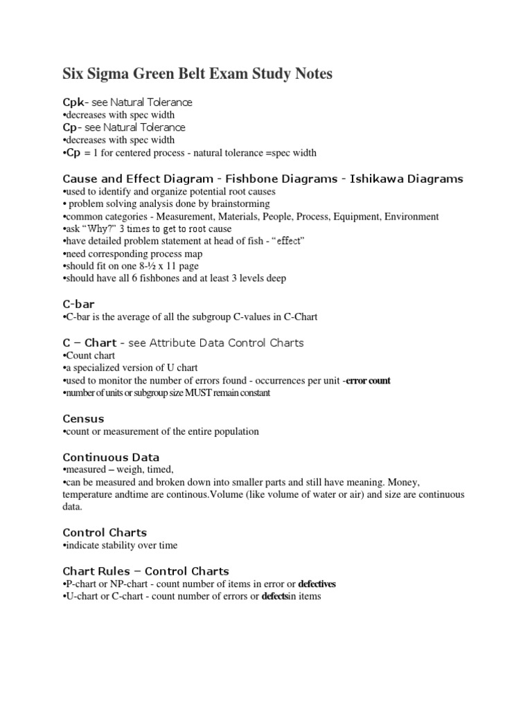 Six Sigma Green Belt Exam Study Notes | PDF | Standard Deviation | Six ...